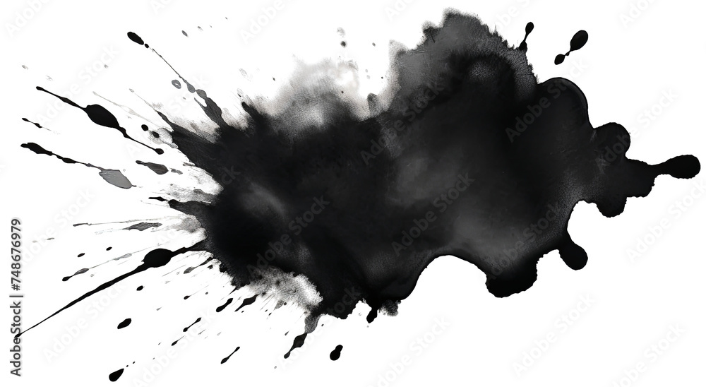 black watercolor ink blot isolated on a white transparent background ...