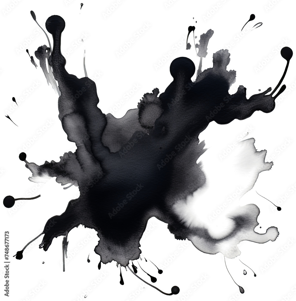 black watercolor ink blot isolated on a white transparent background ...