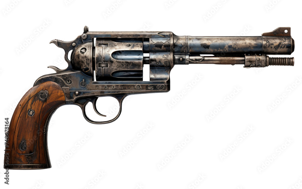 An old fashioned gun with a weathered wooden barrel lying on a table ...