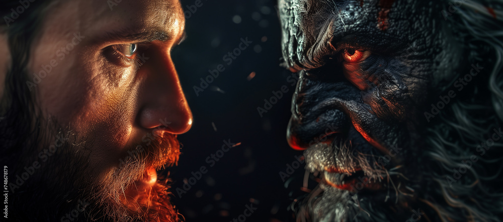 Jesus vs satan face off. Religious battle of good versus evil banner ...