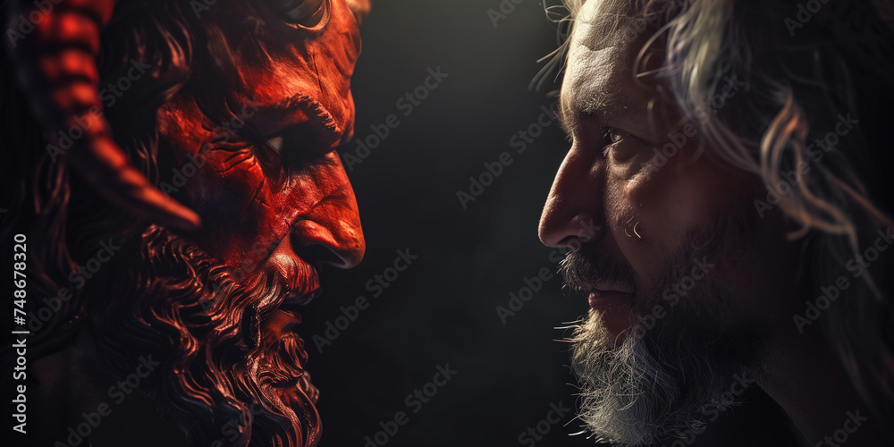 Jesus vs satan face off. Religious battle of good versus evil banner ...