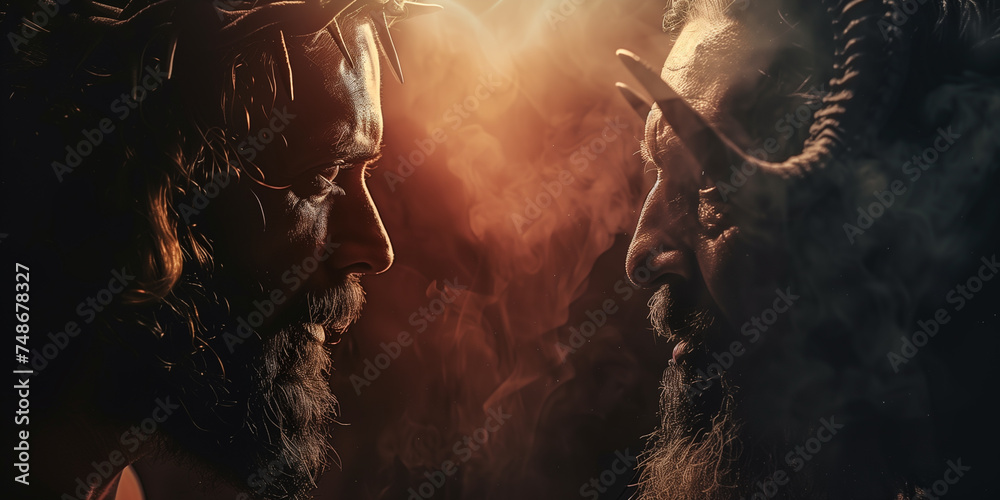 Jesus vs satan face off. Religious battle of good versus evil banner ...