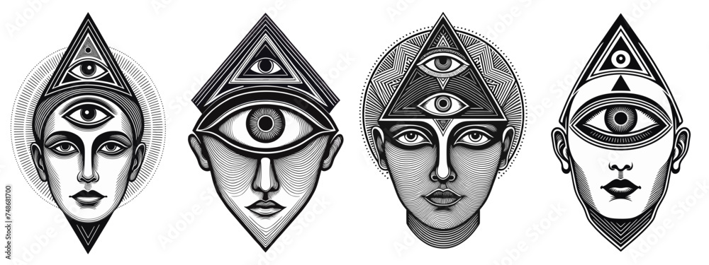 Enigmatic Visions: Head with All-Seeing Eye Symbol Set Stock Vector ...