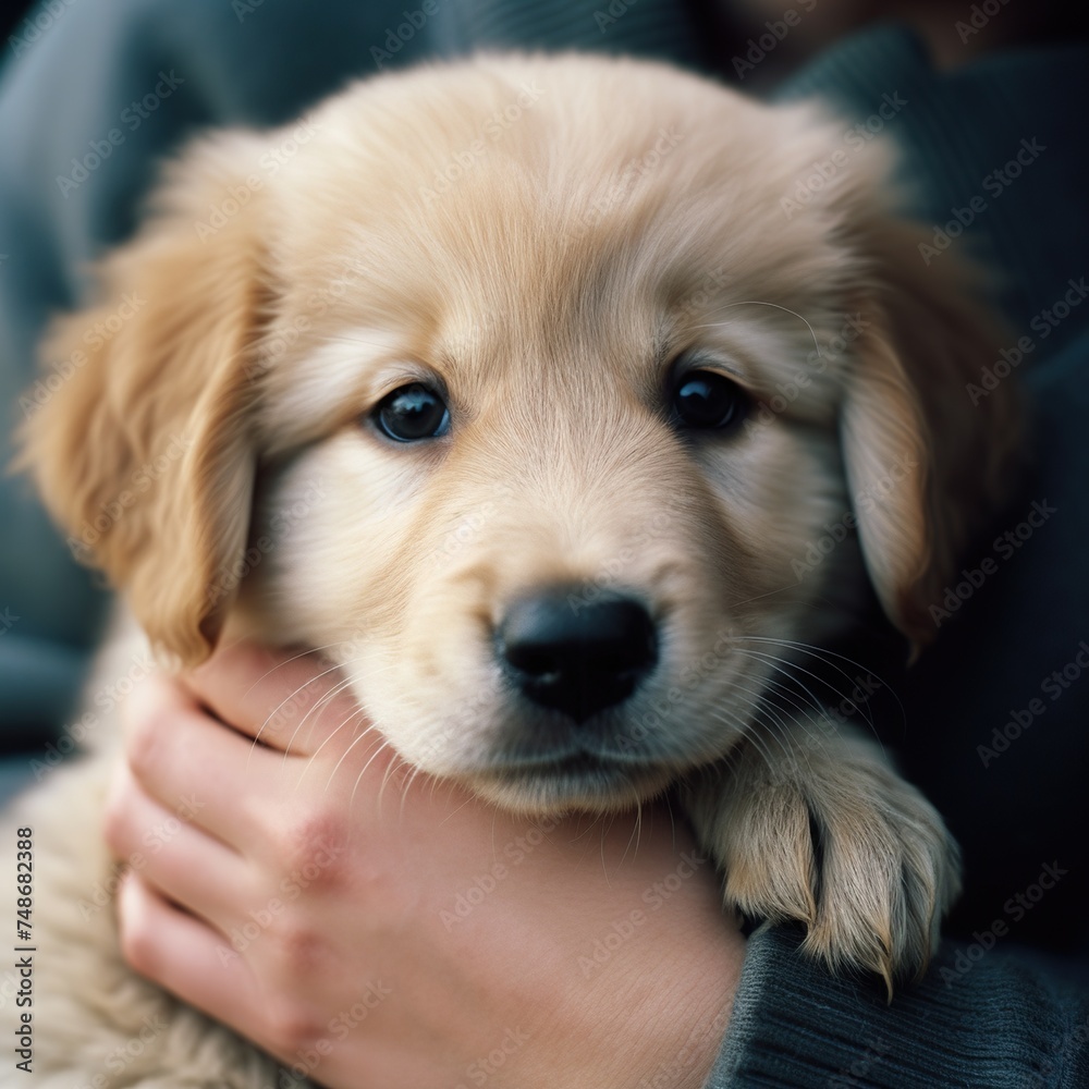 Stockfoto A tender moment of a golden retriever puppy being embraced by ...
