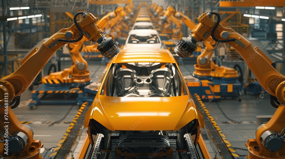 advanced technology at car factory, automated robot arm assembly line ...