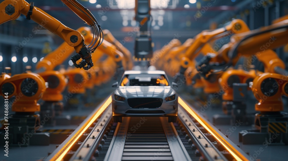 engineering innovation: automated assembly line with robot arm in car ...