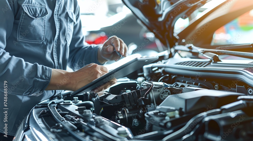 advanced engine inspection with mechanic using tablet device ...