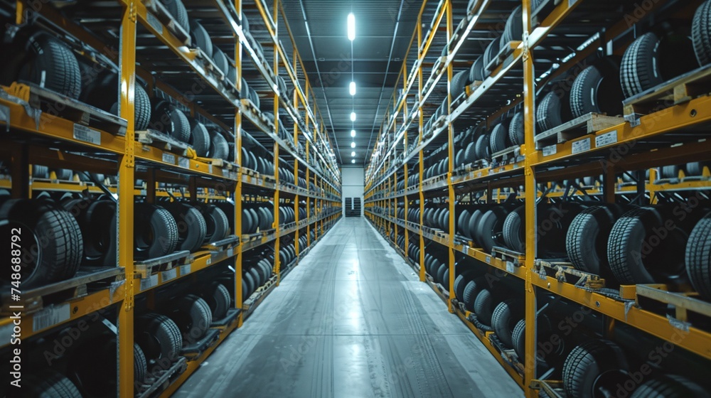 modern warehouse facility featuring organized tire storage, with new ...