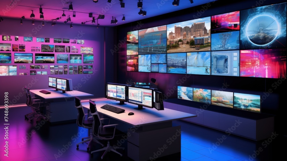 The multimedia news studio features a dynamic video wall that displays ...