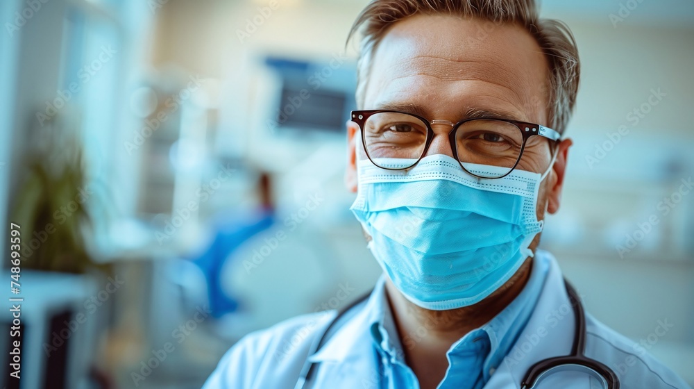 stunning portrait of a smiling physician wearing glasses and surgical ...