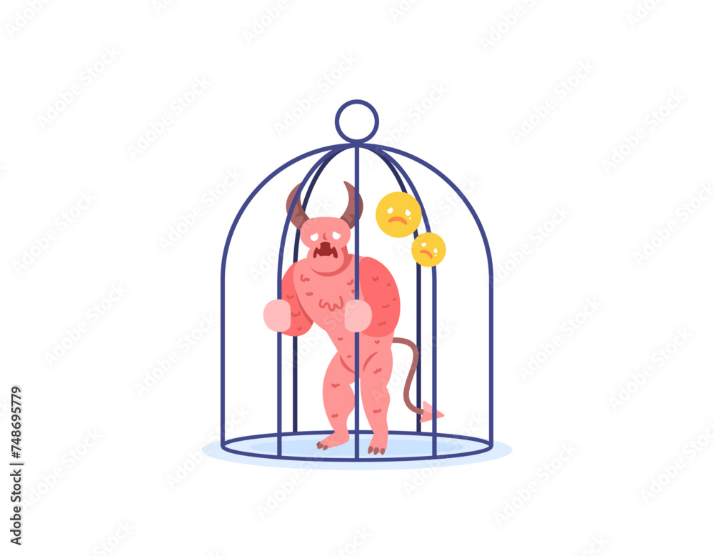 illustration of a devil locked in an iron cage. a demon who is ...