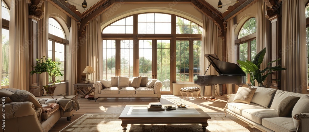 Luxury family room with high vaulted ceiling and large french window ...