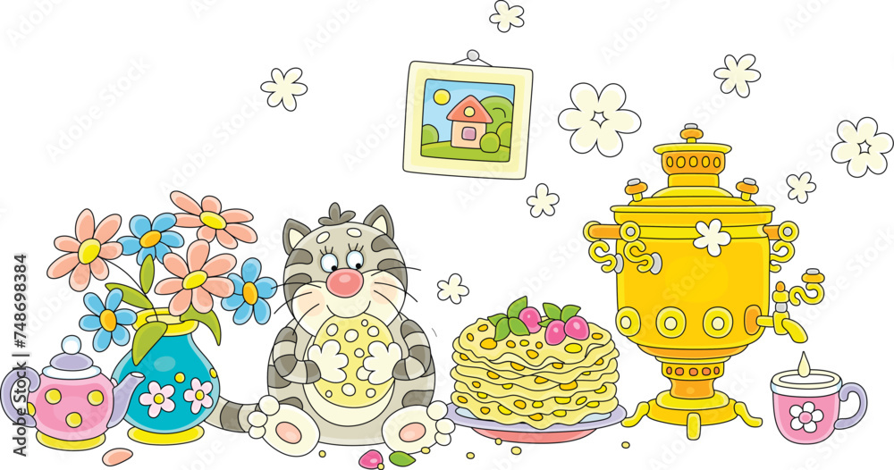 Funny fat cat sitting on a kitchen table with a beautiful tablecloth, a ...