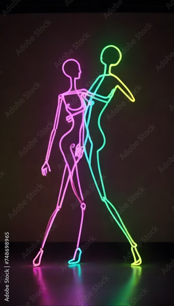 The image showcases a striking lineup of neon-lit mannequins in various ...