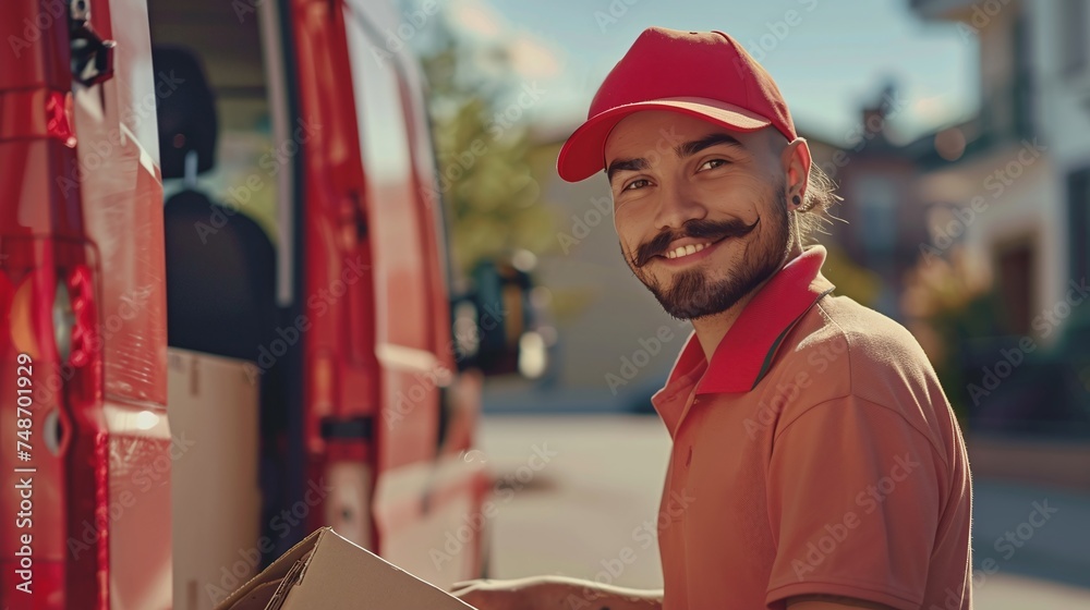 man in red cap and uniform holding a cardboard box near a van truck ...