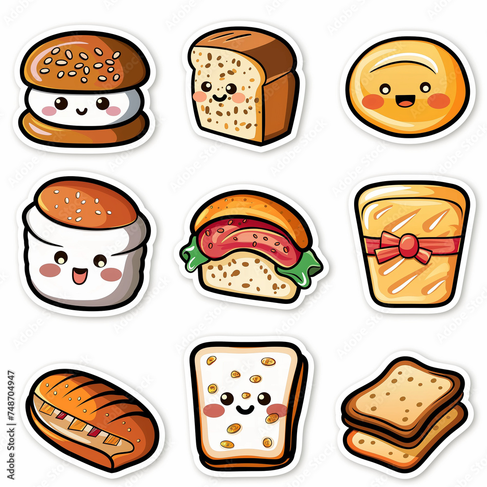 Cheerful collection of food-themed stickers, including various bread ...