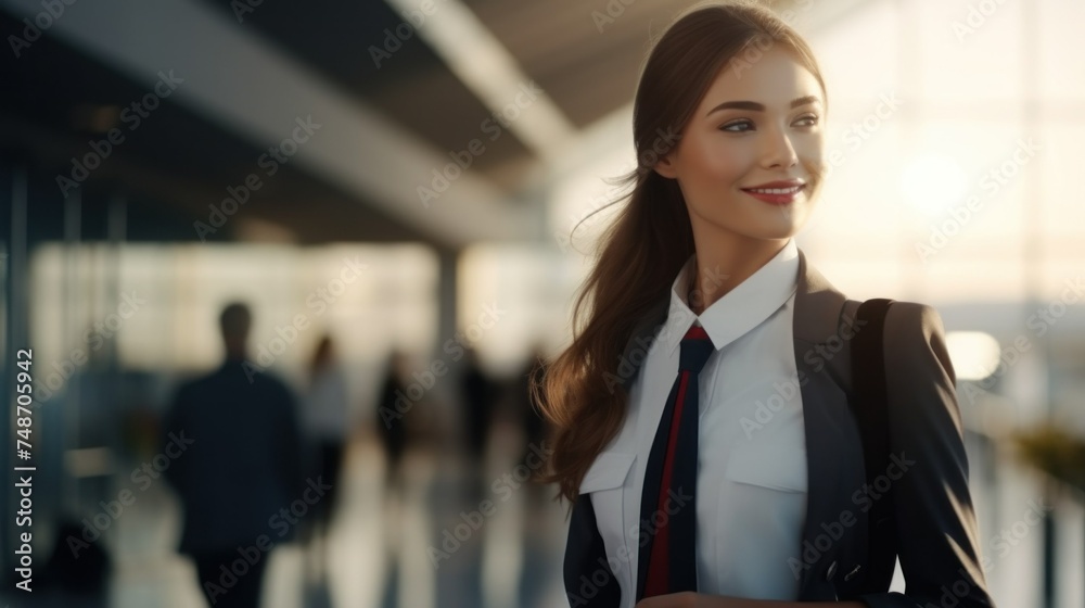 Young stewardess girl. Flight attendant at airport. Woman in uniform ...