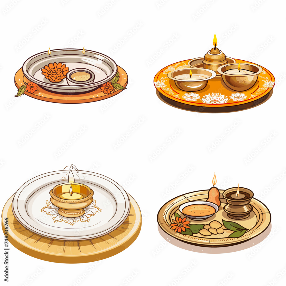Pooja Aarti Thali (Plate for Ritual Aarti). simple minimalist isolated ...