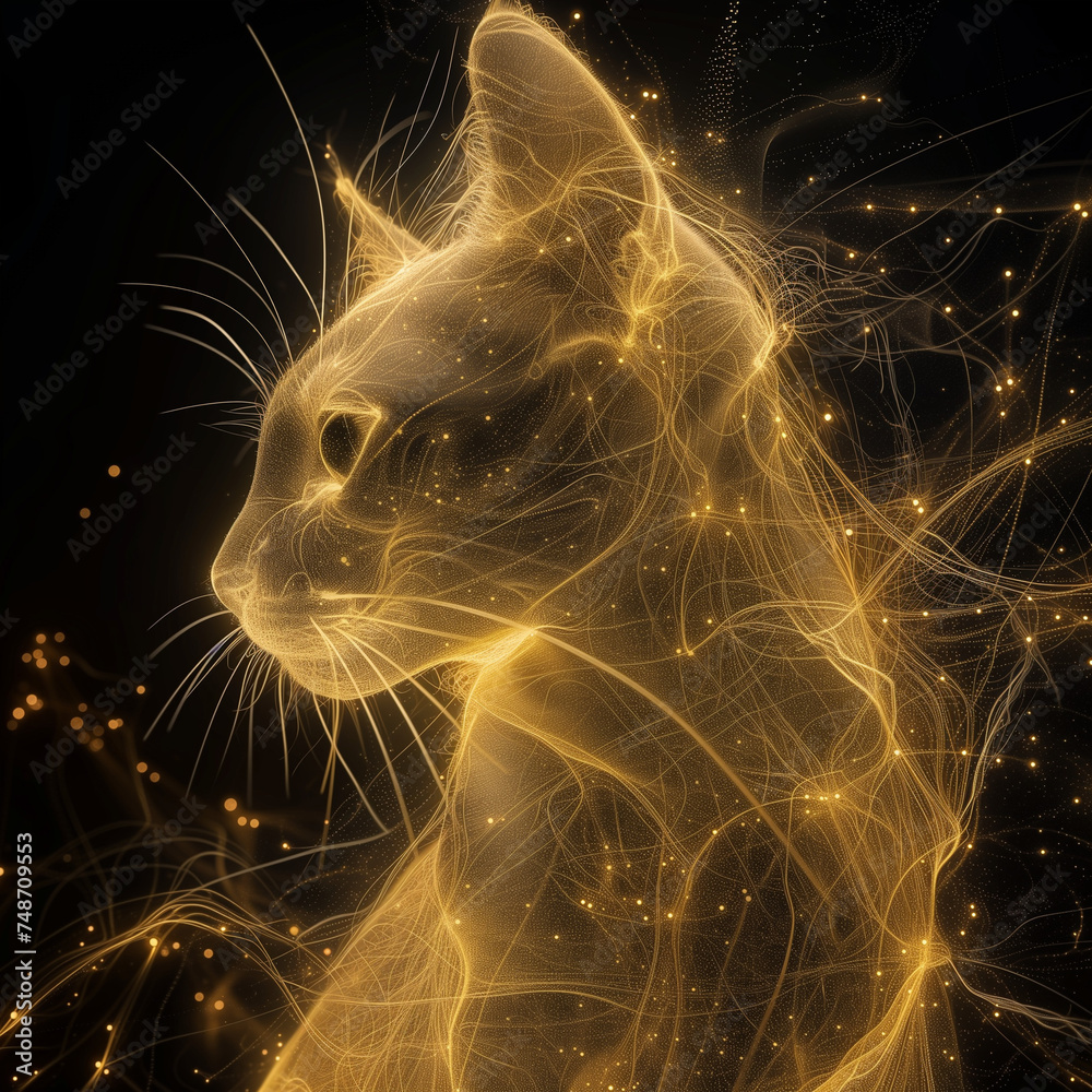 Realistic hologram of a transparent cat. Glowing gold color with a pure ...