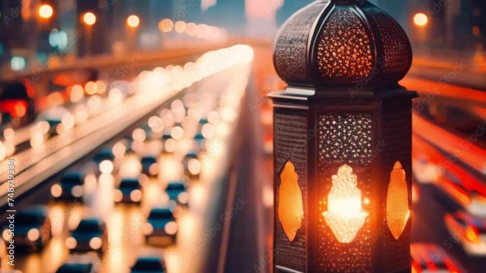 arabic lantern with a city traffic jam background captured in a low ...