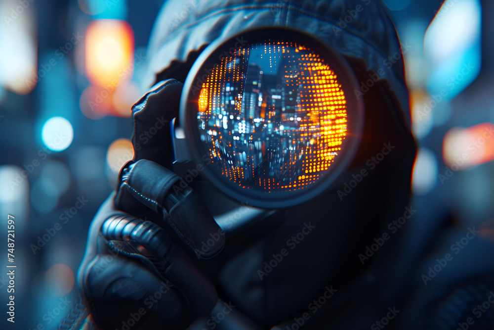 Futuristic Soldier with Digital HUD Helmet Displaying Cityscape - Sci ...