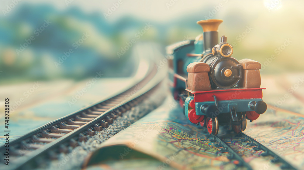 Vintage Toy Train on Railroad Map, Childhood Memories and Travel Theme ...