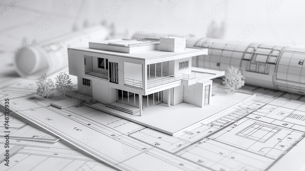 architectural design concept of model house on blueprint drawings ...