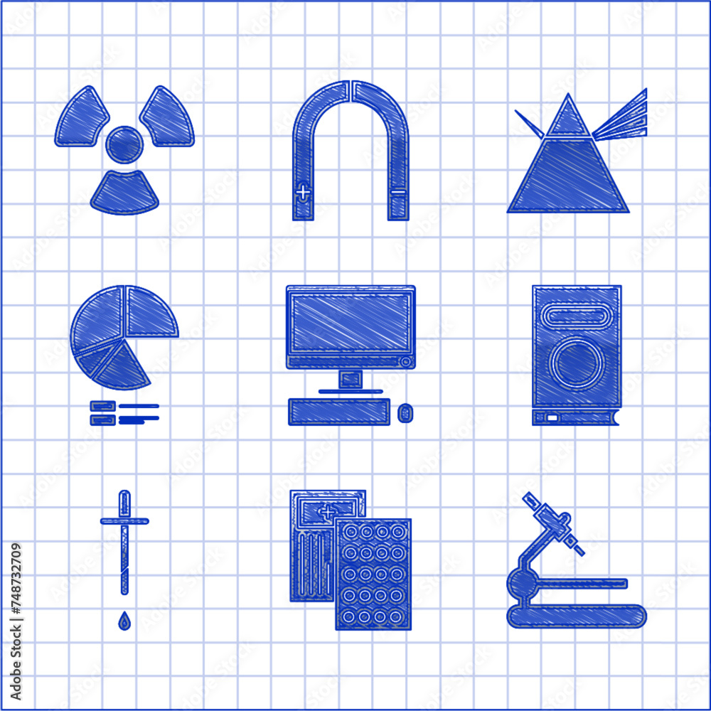 Set Computer monitor with keyboard and mouse, Pills in blister pack, Microscope, Book, Pipette ...