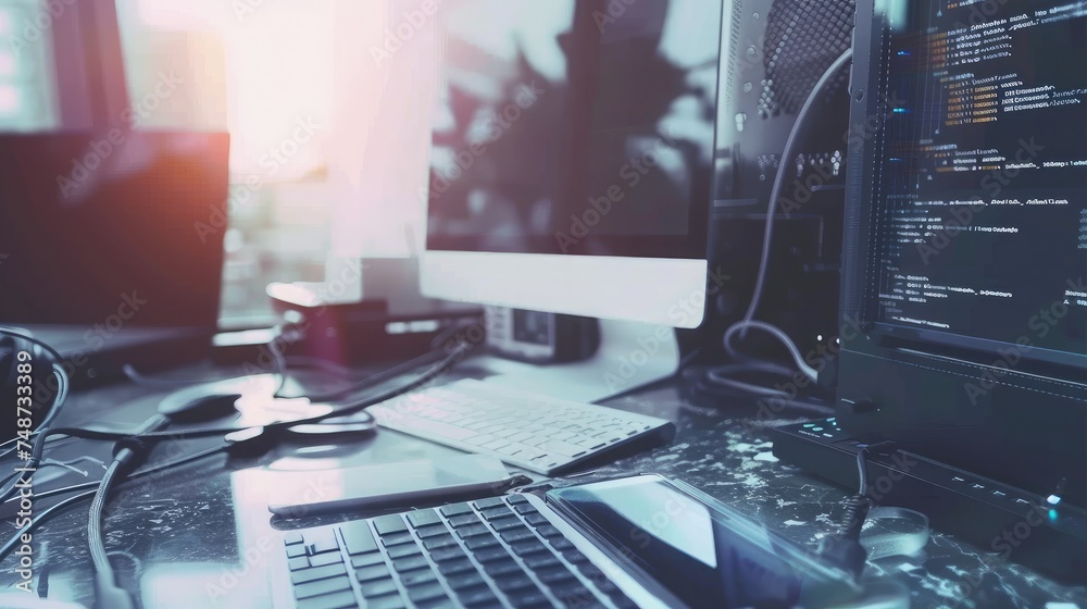 StartUp Programming Team. Website designer working digital tablet dock ...