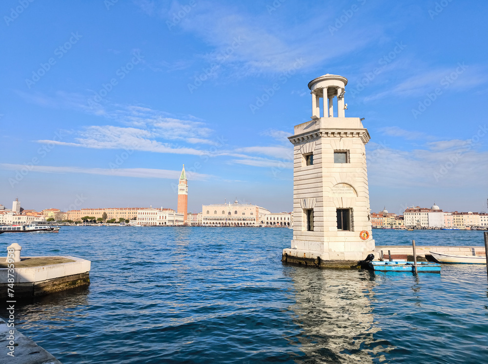 Venice, lighthouse on the island of San Giorgio Maggiore with Venice ...