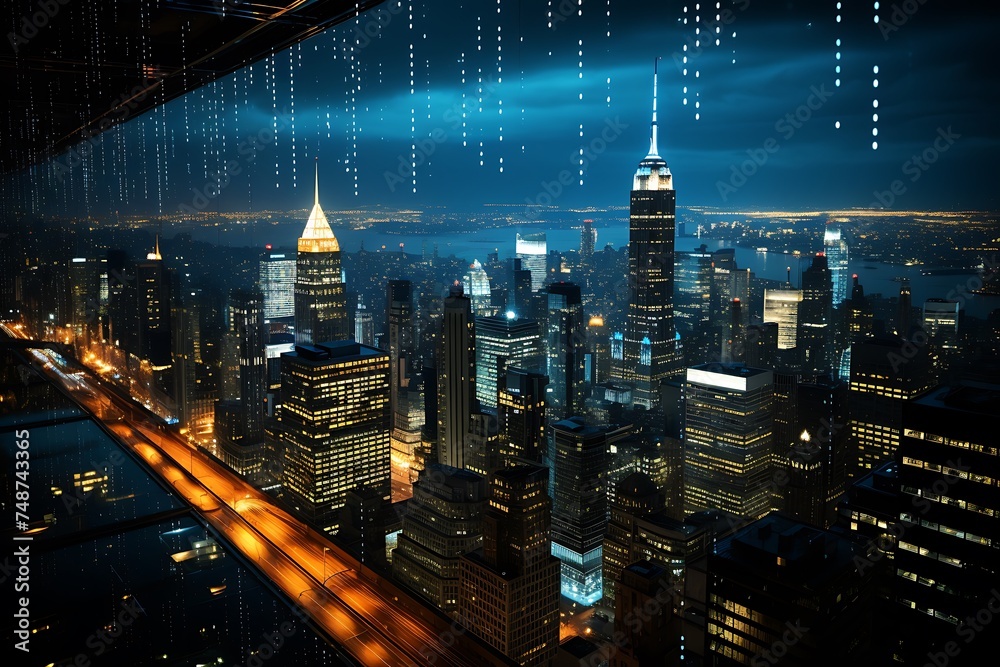 Nighttime Cityscape with Illuminated Skyscrapers in Rain, Urban ...