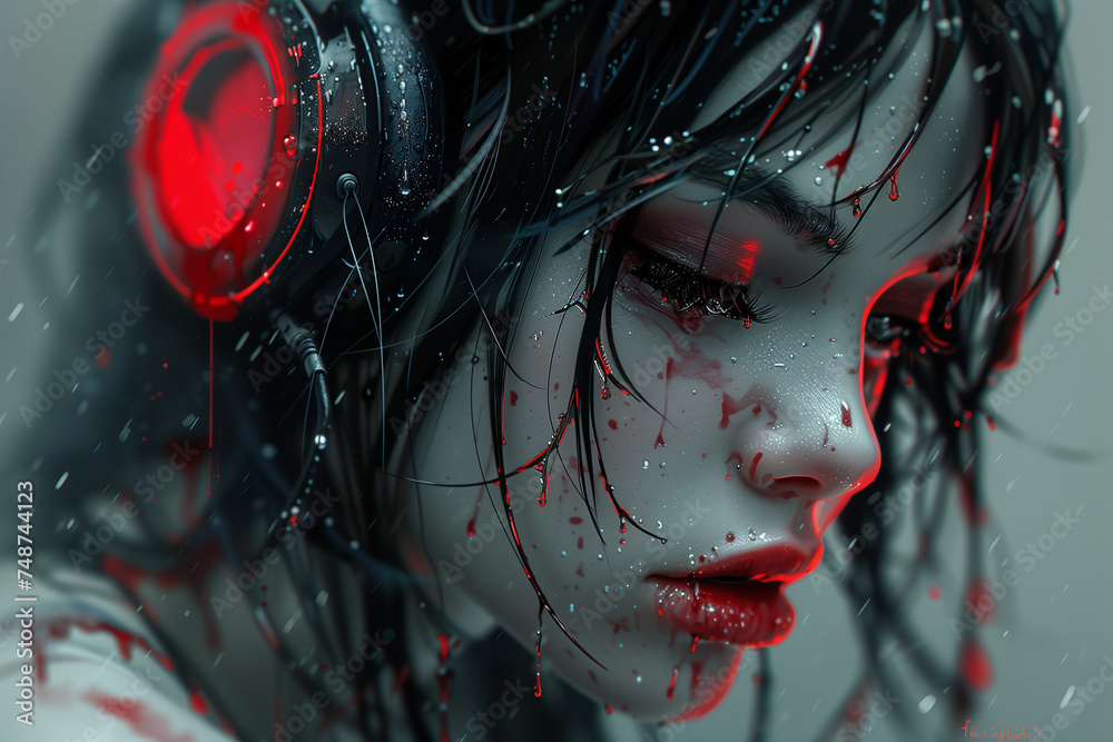 Beautiful girl listening music with headpones, blood comes from her ...
