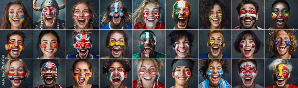 Multi National teams Fans with painted own country flags faces colors ...
