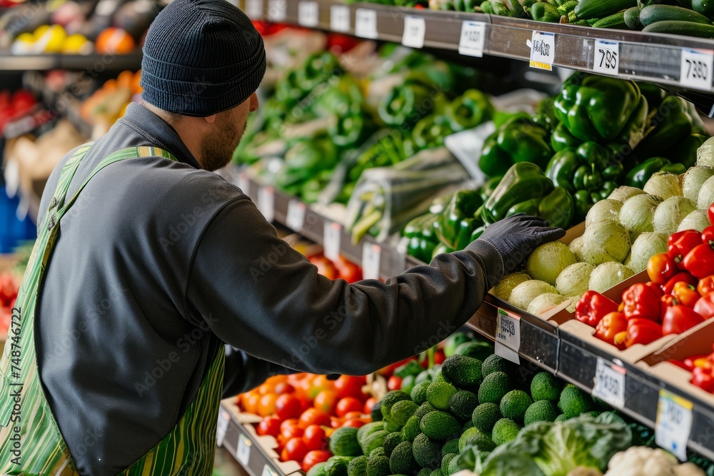 Fresh organic produce at the market supermarket grocery store, worker ...