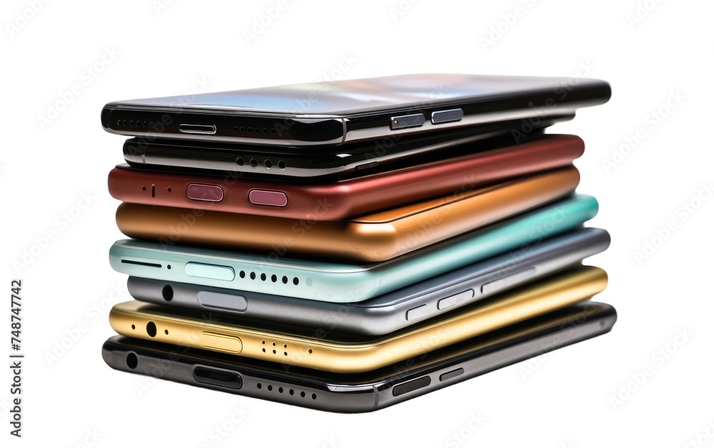 Multiple Cell Phones Stacked On Top Of Each Other Creating A Tall Tower Of Technology Devices