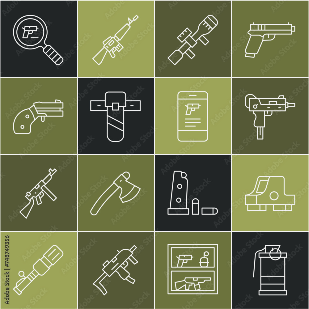 Set line Hand smoke grenade, Collimator sight, UZI submachine gun ...