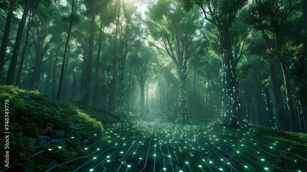 A digital forest where the trees are made of circuitry and code ...