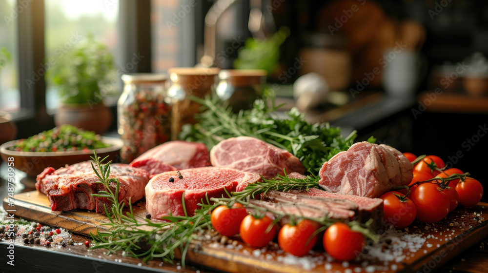 succulent selection of meats including ribs, lamb chops, and steak ...