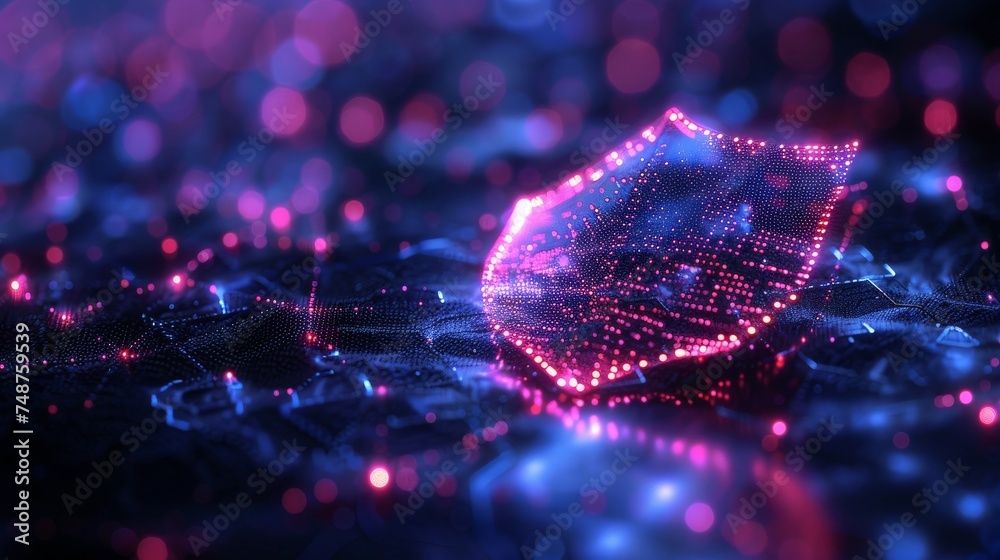 Blockchain Shield: A glowing, holographic shield made of interconnected blockchain nodes ...