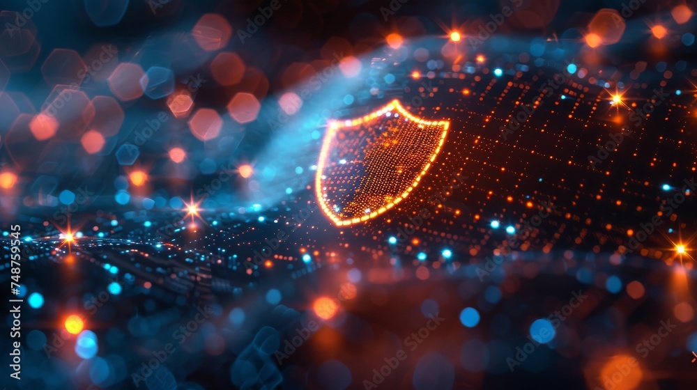 Blockchain Shield: A glowing, holographic shield made of interconnected ...