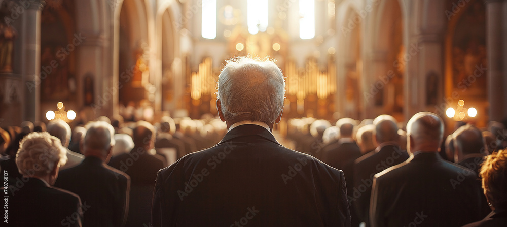 Mass ceremony and religious leader during worship, sermon and prayer ...