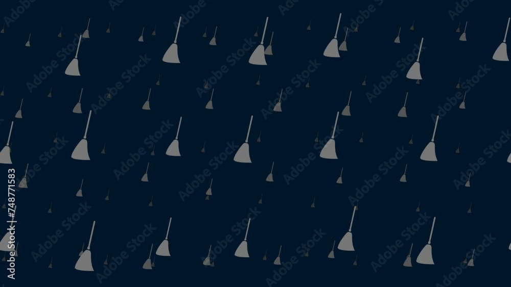 Broom symbols float horizontally from left to right. Parallax fly ...