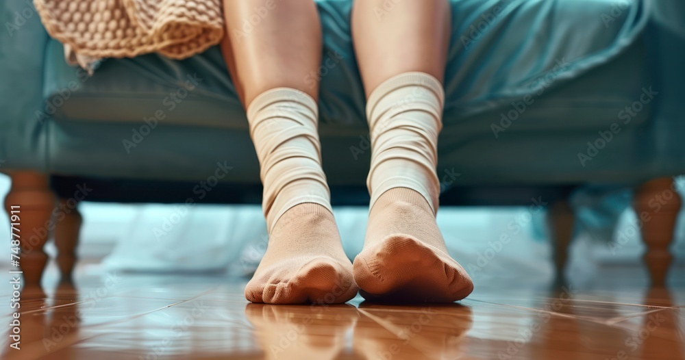 Beautiful female's feet in seamless woman's socks. She takes off her ...