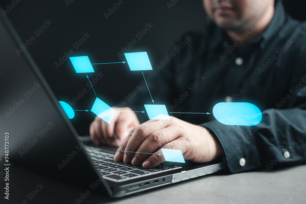 Businessman use computer process Workflows and flowcharts background. Business hierarchy ...