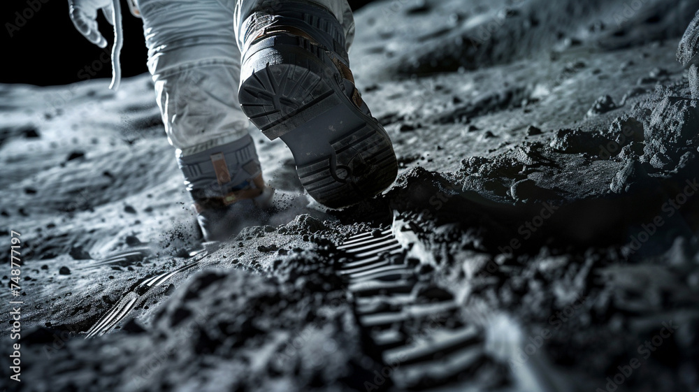 The astronaut's feet touch the surface of the moon, taking steps in a ...