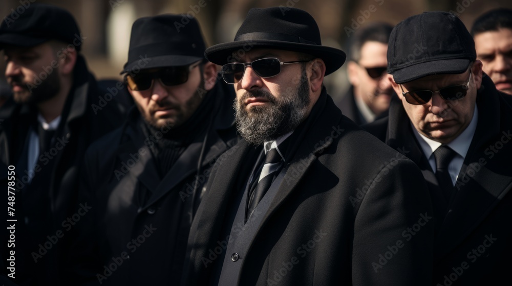Funeral of a mafia boss. Sad faces. Mourning. People dressed in black ...