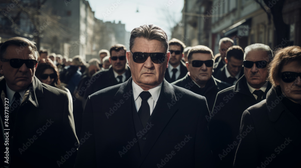 Funeral of a mafia boss. Sad faces. Mourning. People dressed in black ...