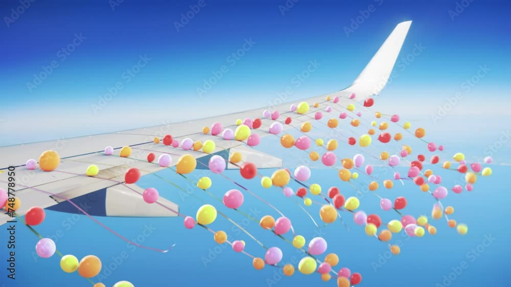Vidéo Stock Balloons on strings attached to the wing of an airplane in ...