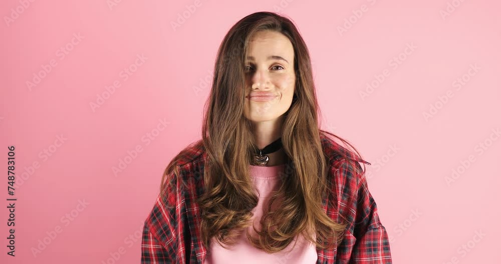 Fake, crying woman face in studio with hands gesture for sad, bullying ...