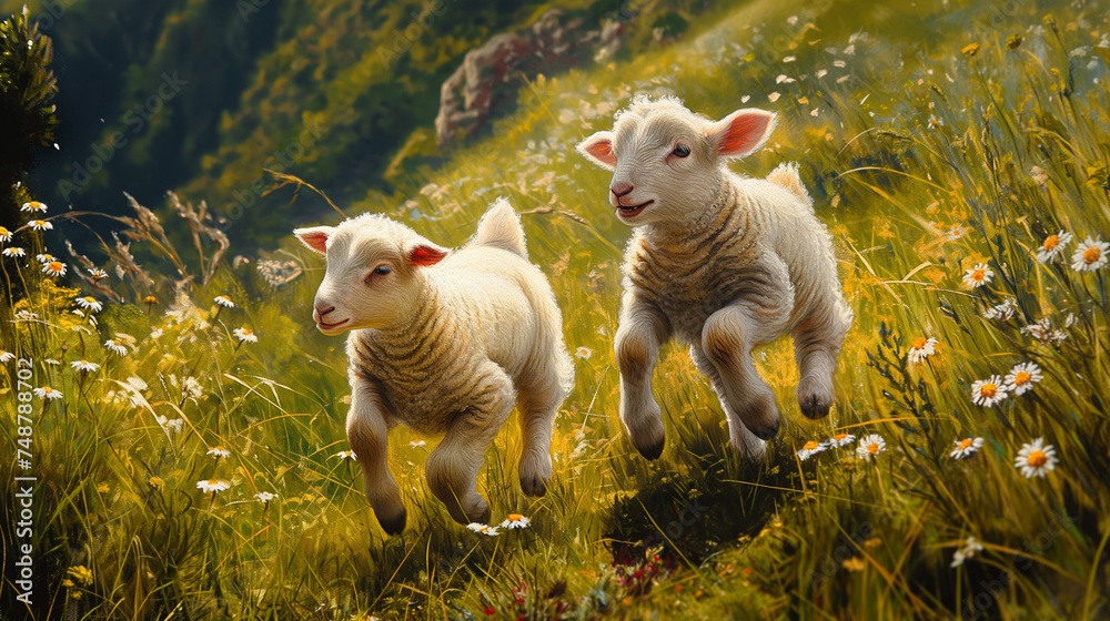 Osterlamm 2 Osterlämmer auf einer Wiese fröhlich laufend bei ...